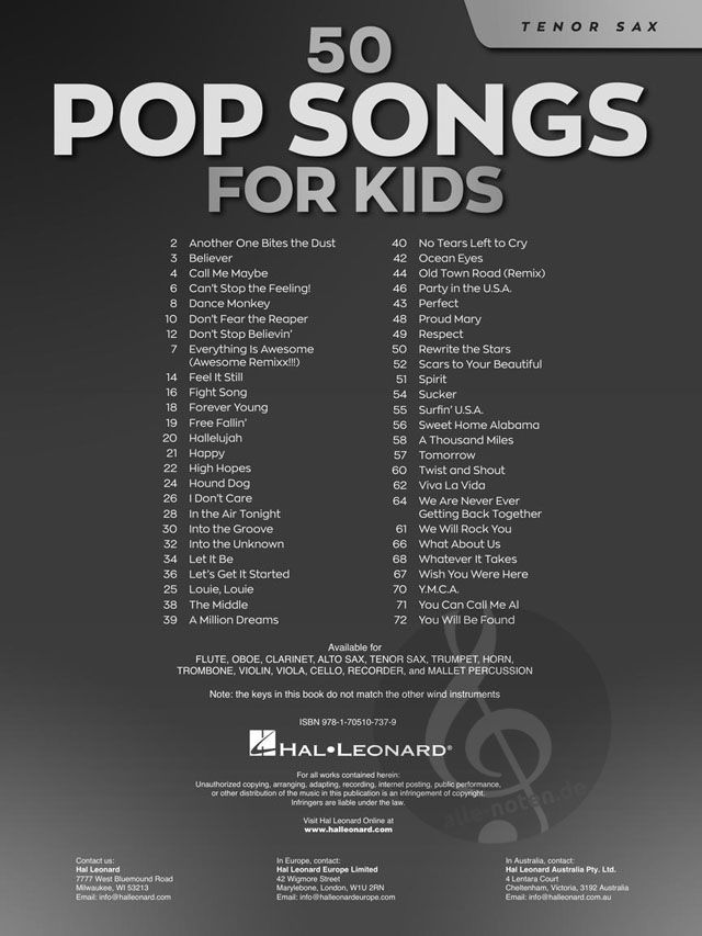 50 Pop Songs For Kids Tenorsaxophon Noten Online Kaufen