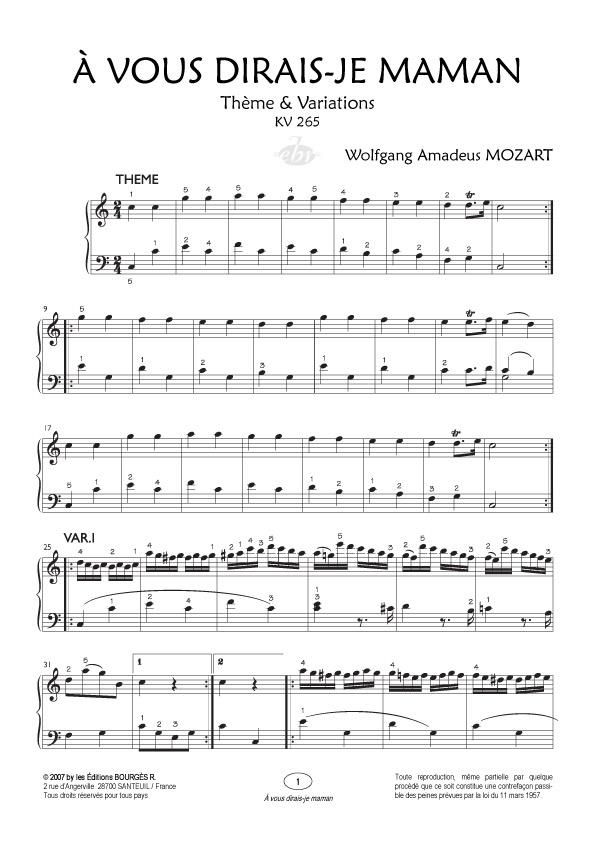 Ah Vous Dirai-je Maman von Wolfgang Amadeus Mozart » Klaviernoten